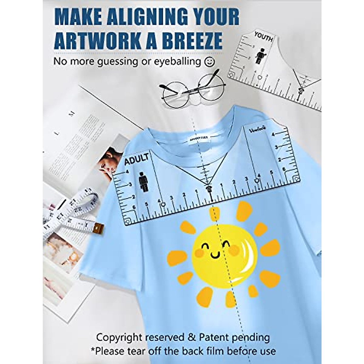 Tshirt Ruler Guide for Vinyl Alignment, T Shirt Rulers to Center Designs, Alignment Tool with Soft Tape Measure, Craft Sewing Supplies Accessories Tools for Heat Press HTV Heat Transfer Vinyl