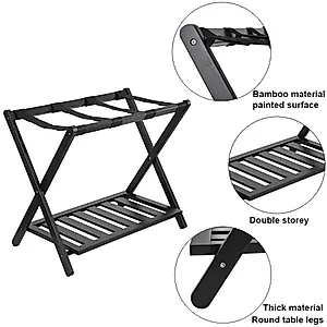 FiveShops Luggage Rack with Shelf, Folding Bamboo Suitcase Luggage Stand, Double Tiers Luggage Holder with Shoe Shelf, Casual Organization Storage Chests for Bedroom, Guest Room, Hotel, Black