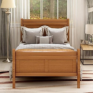 Harper & Bright Designs Wood Platform Bed Twin Bed Frame Mattress Foundation Sleigh Bed with Headboard/Footboard/Wood Slat Support - Oak