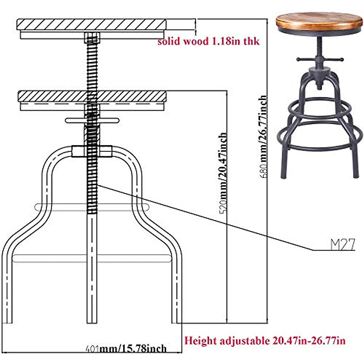 Diwhy Industrial Vintage Bar Stool,Kitchen Counter Height Adjustable Screw Stool ,Swivel Bar Stool,Metal Wood Stool,27 Inch,Fully Welded Set of 2 (Wooden Top)