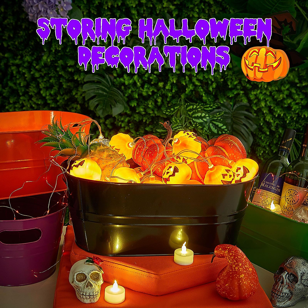 4 Pcs 4 Gallon Halloween Drink Buckets Large Ice Tubs for Parties Galvanized Metal Beverage Tin Bins for Beer Wine Champagne Cooler for Christmas Cocktail Bar Supplies