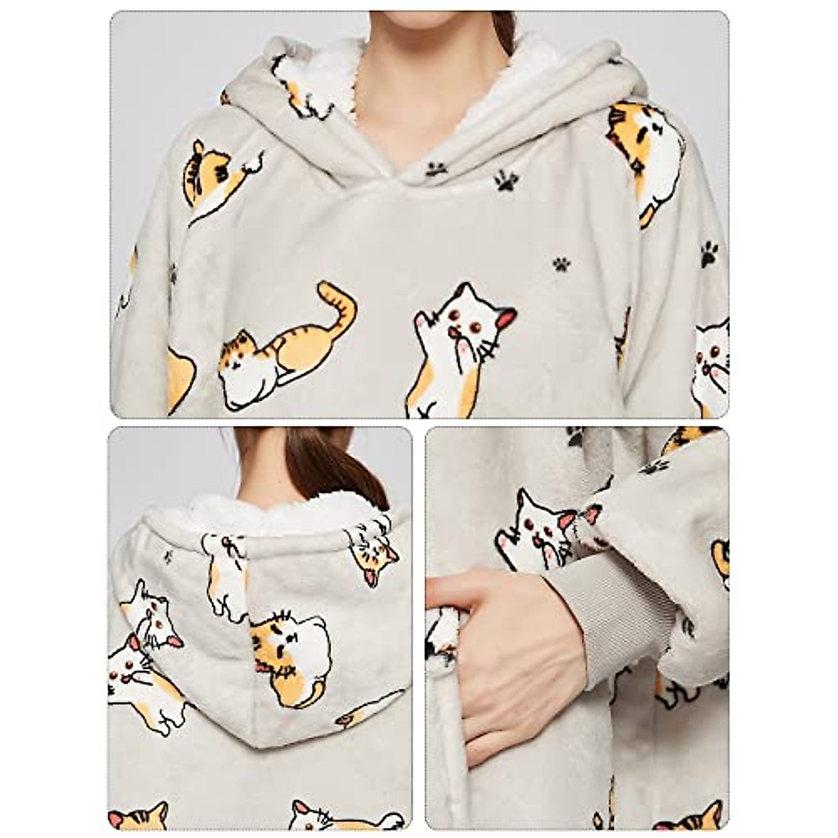 KFUBUO Wearable Blanket Hoodie for Adults Sherpa All Patterns Cat Oversized Sweatshirt Blanket with Pockets for Women