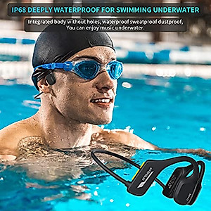 Bone Conduction Headphones, Jimbobo Open Ear Wireless Bluetooth Sport Earphones with Built-in 8GB Memory MP3 Player, Noise Cancelling Mic, IP68 Waterproof Headset for Swimming Running Cycling (Black)