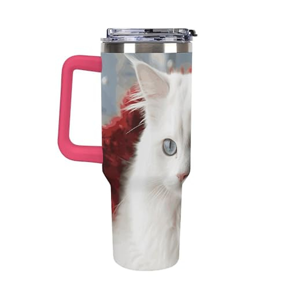 LLUTSNTH 40 Oz Vacuum Tumbler with Light Rose Red Handle Leakproof Insulated Tumbler Cute White Cat Stainless Steel Travel Mug with Lid And Straw Coffee Cup Cute Water Bottles Cup Holder Friendly