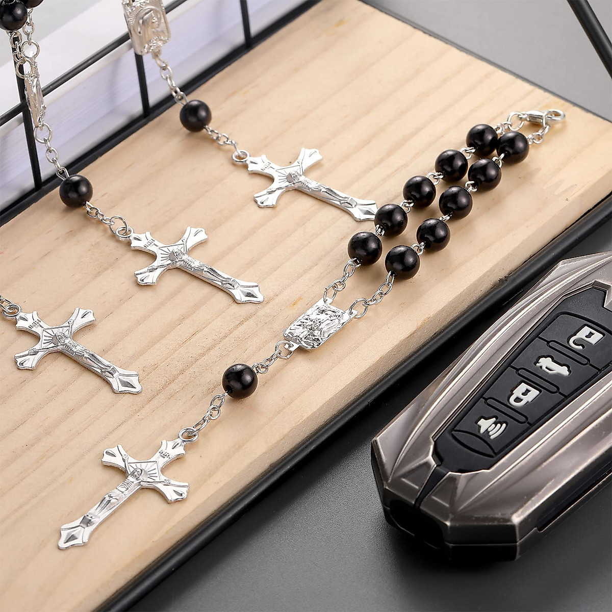 4 Pieces Auto Rosary for Rearview Mirror Pearl Glass Beads Catholic Bracelet Rosary Beads Catholic for Woman Men Car Rosary with Cross Crucifix Rosary Necklace Hanging Accessories (Black Beads)