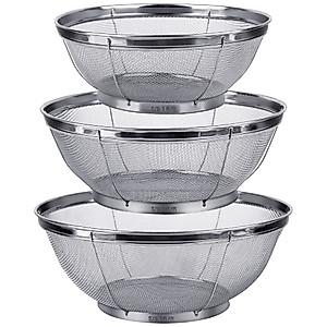 3 Pack Strainers for Kitchen, 18/8 Stainless Steel Colander, Fine Mesh Strainer for Pasta, Rice and Fruit, Sieve for Strain, Drain, Rinse or Steam (5-Quart, 4-Quart and 3-Quart)