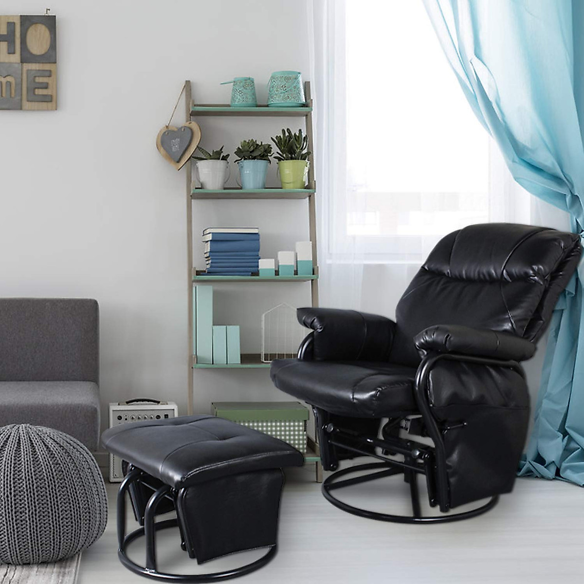 JIASTING Recliner Chair with Ottoman Living Room Chairs Faux Leather Glider Chair 360 Degree Rotation Leisure and Relaxation Furniture (Black)