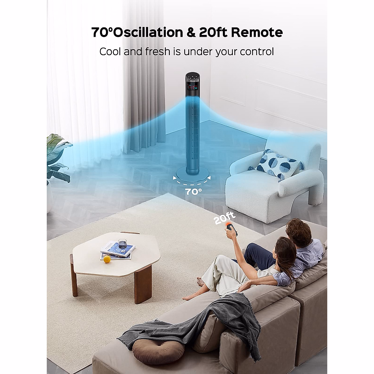 ZICOOLER 37" Tower Fan, Large Airflow 70° Oscillating Fan with Remote, 32dB Quiet Fan with 3 Modes, LED Display, 15H Timer, 3 Speeds, Standing Fan for Bedroom, Home, Office