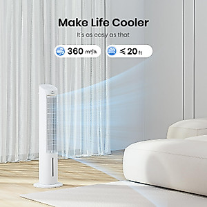 TOSOT Tower Fan Oscillating 80°, Cooling Fan with 2 Ice Packs, CFM 360m³/h, 3 Speed Quiet Fan with Remote Control, 7 Hours Timer, Humidifiers with Removable 4L Water Tank, Floor Fan for Home Bedroom
