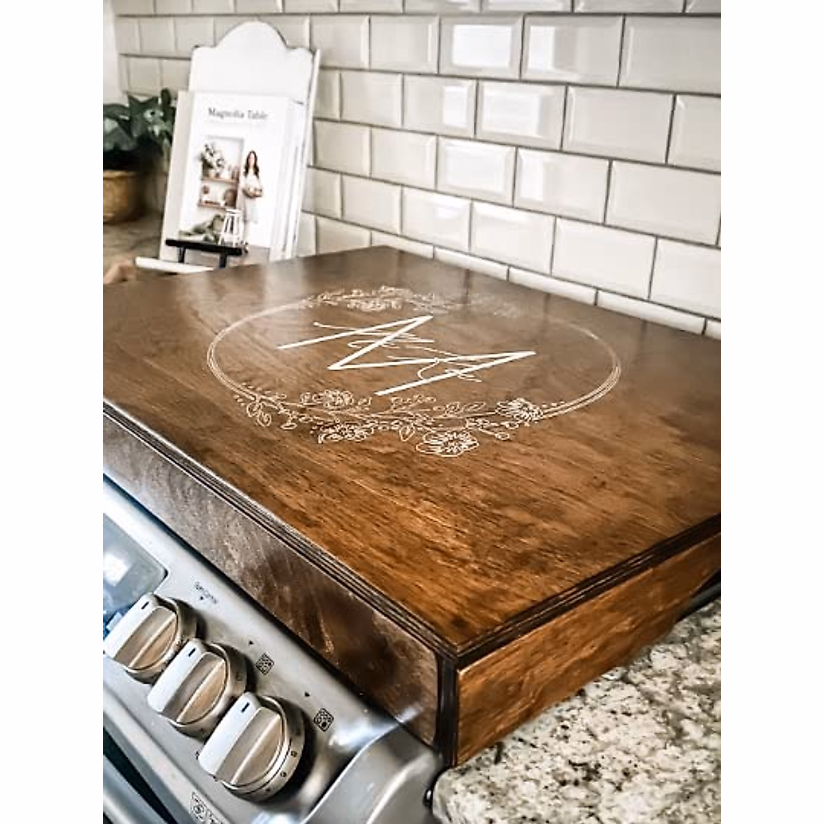 Josephine Thomas Home Personalized Noodle Board, Large Initial + Last Name, Stove Cover, Cooktop Cover, Warm Brown
