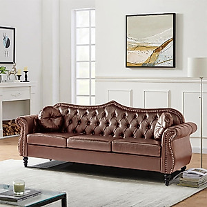 Modern PU Tufted Couch 3 Seater with Rolled Arms and Nailhead, Deep Button Nailhead Tufted Black Upholstered Couches, Roll Arm Classic Tufted Chesterfield Settee Leather Sofa for Living Room (Brown)