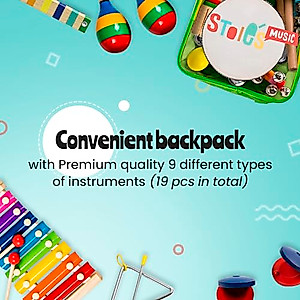 Stoie's Kids Musical Instruments Set 19 pcs for Toddler Ages 3-5 - Baby Wooden Percussion Musical Toys for Little Boys & Girls 9-12 Years Old- with Xylophone and Maracas - to Play in First Mini Band