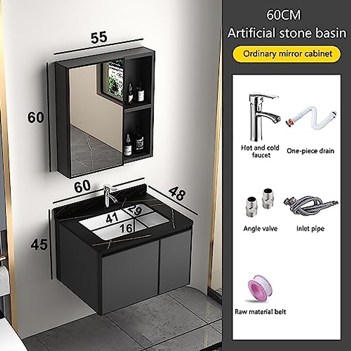 Bathroom Sink Cabinet,Bathroom Vanity with Sink,Modern Undermount Small Single Bathroom Cabinet Set,Bathroom Vanity and Sink Combo,Small Bathroom Vanity Wall Mounted ( Color : Artificial stone , Size