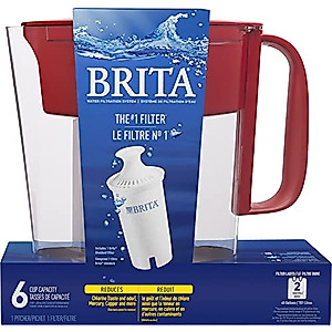 Brita Water Filter Pitcher for Tap and Drinking Water with 1 Standard Filter, Lasts 2 Months, 6-Cup Capacity, Christmas Gift for Men and Women, BPA Free, Red