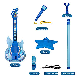 TAKIHON Guitar and Microphone Set for Kids,Guitar Toys with Music&Colorful Light,Adjustable Height Microphone with Stand,Karaoke Toys Gift for Boy,Girls,Toddlers(Blue)-Upgraded