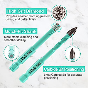 LEKOMESH Porcelain Tile Diamond Drill Bits, 4pcs 6mm Quick Change Shank Diamond Core Drill Bits with 1pc 6mm Carbide Masonry Drill Bit for Tile Ceramic Marble Granite Stone