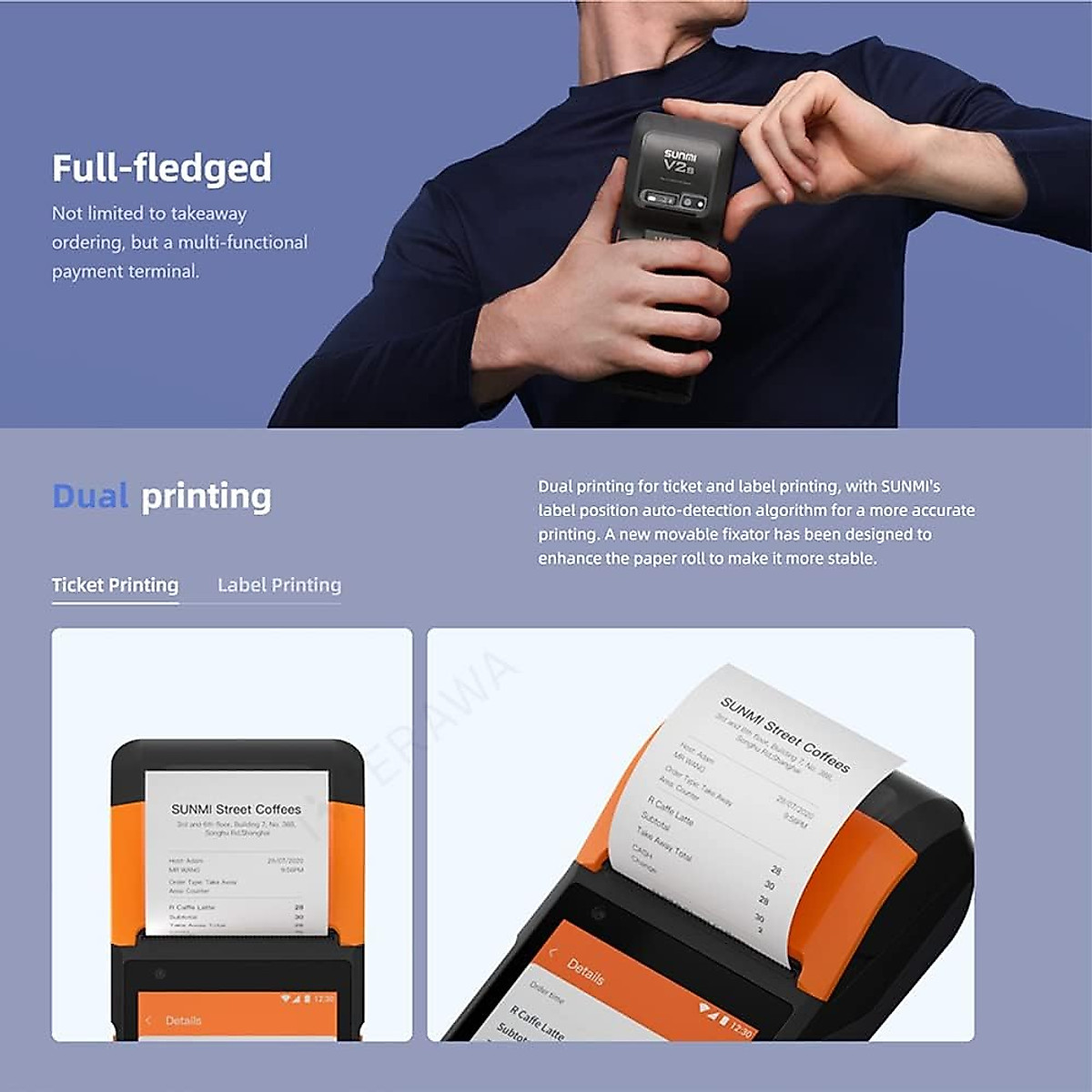 IWIRA Sunmi V2 POS Terminal with Receipt Printer, Speaker, Camera and Barcode Scanner All in One Handheld PDA Printer, Android 7.1 System, Support 4G, WiFi and Bluetooth, Orange, Black