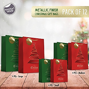 easykart labels 12 Christmas Gift Bags, Red & Green Metallic & Texture Finish with Golden & Spot Gloss Xmas Tree, Assorted Sizes With Handle (4 Extra Large 16", 4 Large 12", 4 Medium 9")