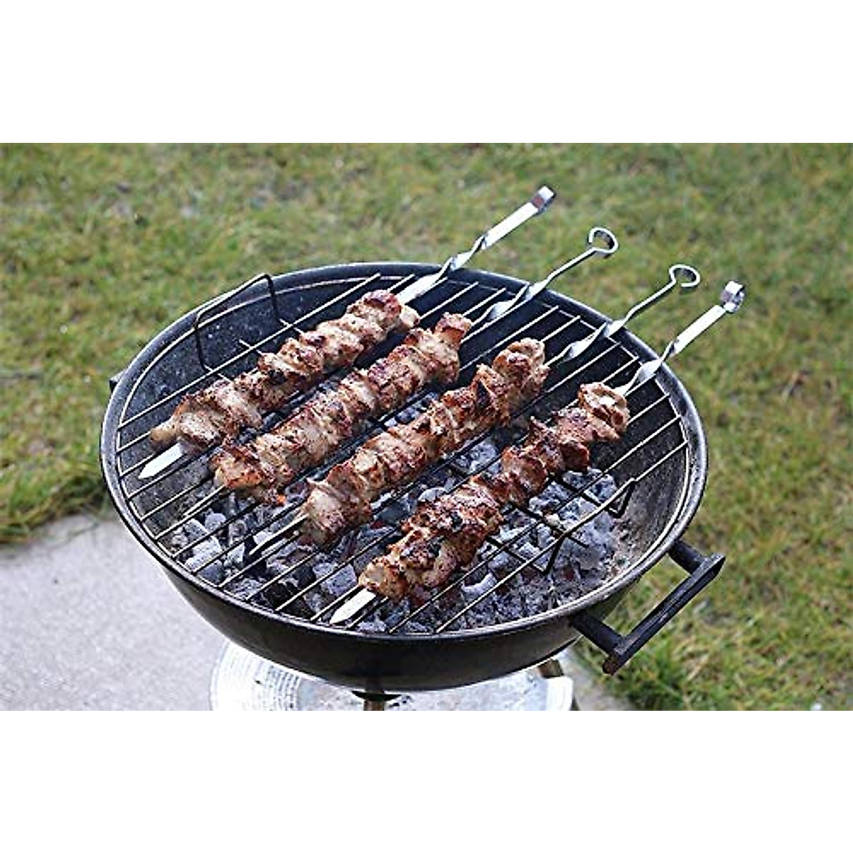 Antallcky 12 Pack Kabob Skewers BBQ Barbecue Skewers Stainless Steel Sticks Heavy Duty Large Wide Reusable with Nonslip Ring Handle Ideal for Shish Kebab Chicken Shrimp and Vegetables (22 inch)