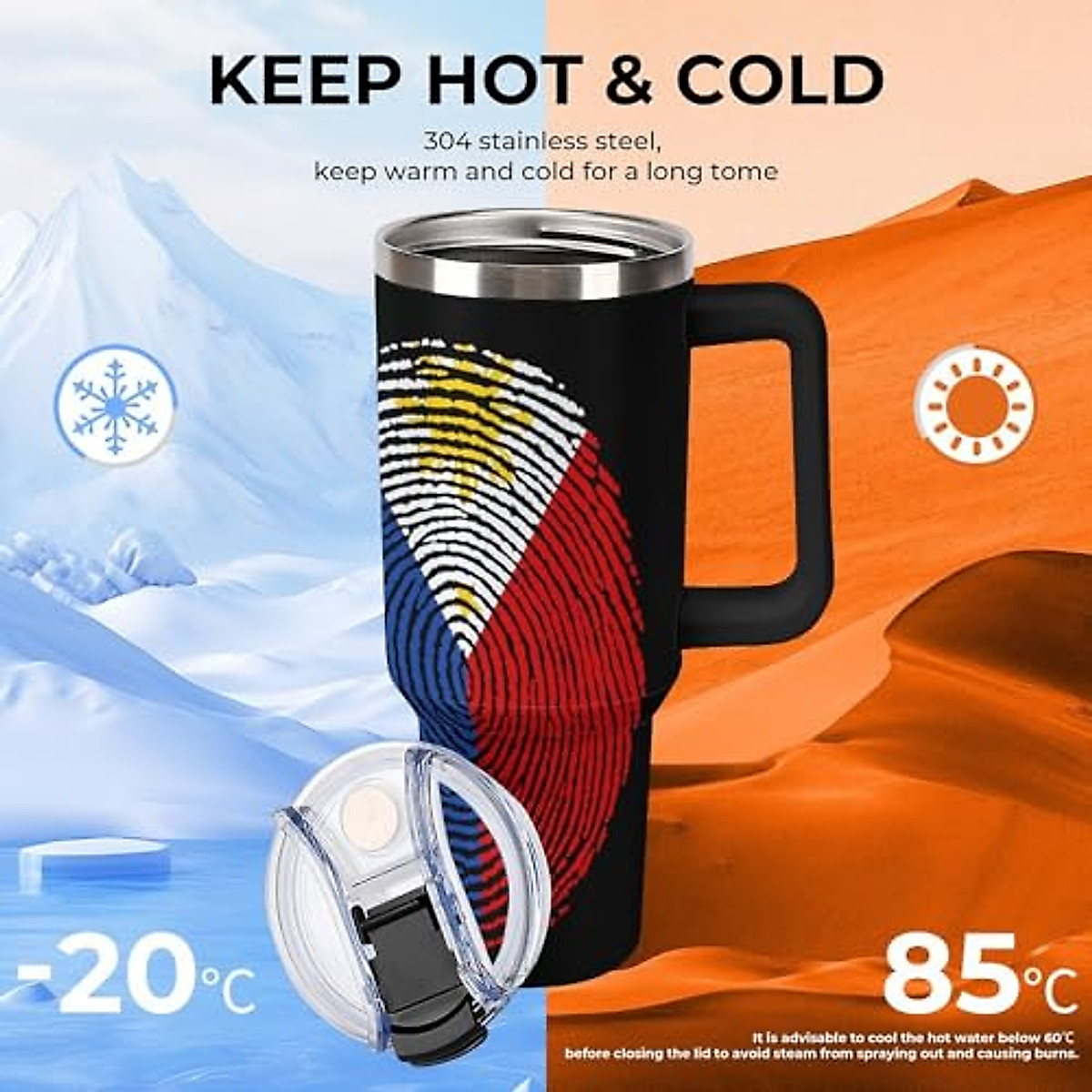 IT'S In My DNA Philippines Flag 40 Oz Tumbler with Handle And Straw Lid,Insulated Reusable Stainless Steel Travel Glass Mug 40 Ounces