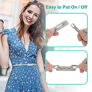 kilofly 2pc Women's Silver Metal Thin Skinny Stretch Belt Rhinestone Waistbands