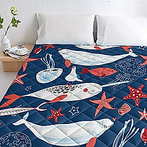 Cool Summer Bedspread Quilt Submarine Fauna Narwhal Sea Star Jellyfish All-Season Comforter Duvet Insert or Stand-Alone Comforter, Comfortable Air Conditioning Bed/Sofa Blanket for Adults Kids 64x88in