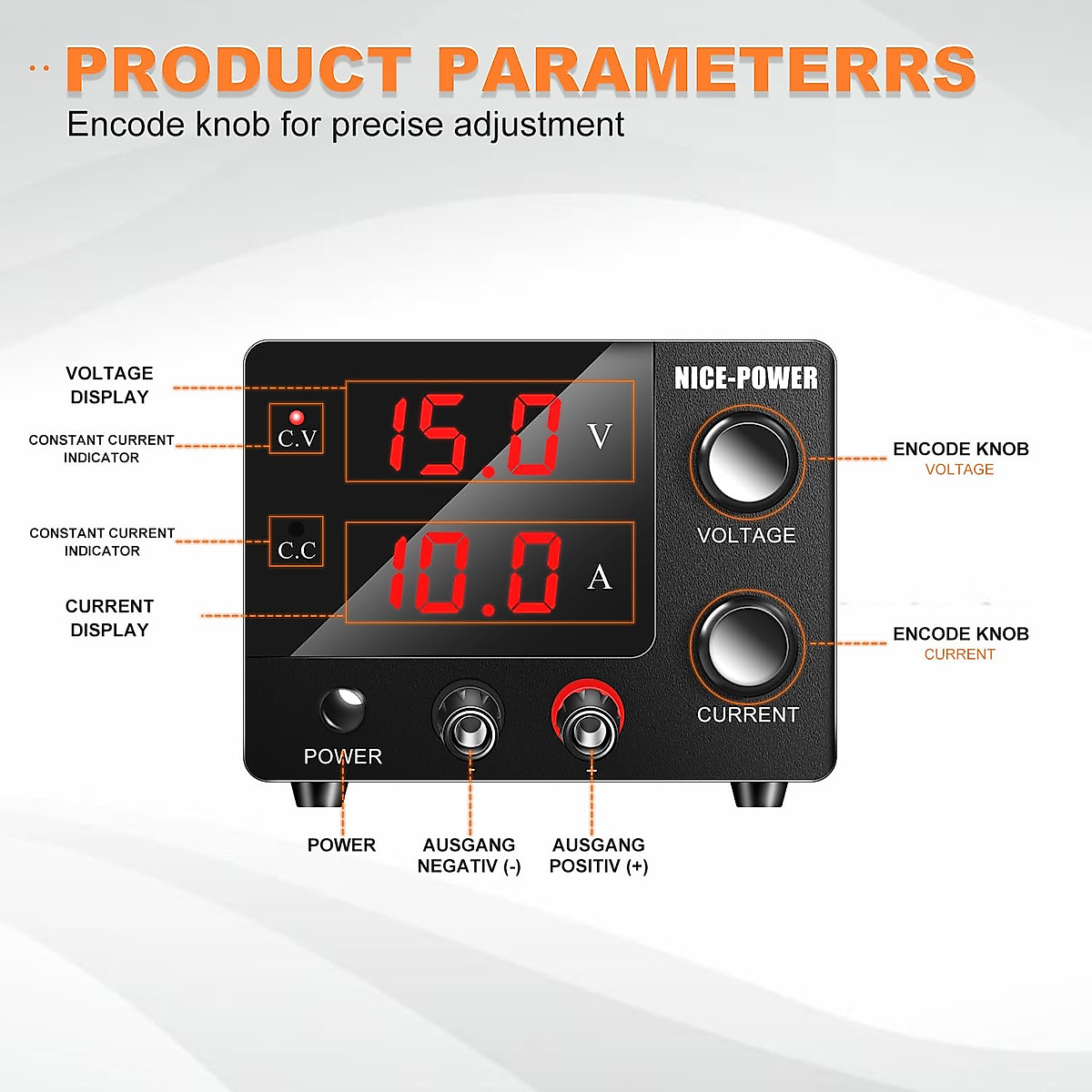 NICE-POWER DC Power Supply Variable 0~30V 0~10A, 3-Digits LED Display Current and Voltage Adjustable 150W Fixed with Encoder DC Bench Power Supply 15V 10A/30V 5A,Electroplating DIY etc DC Power Supply