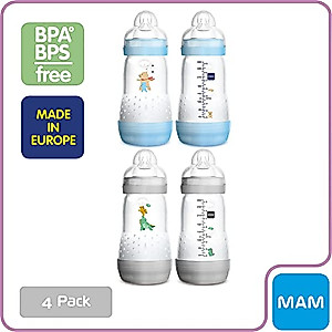 MAM Easy Start Anti-Colic Medium Flow Bottles 9 oz (4-Count), Gray and Blue