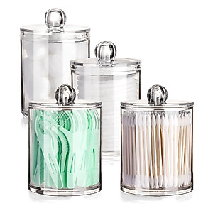 Tbestmax 4 Pack Qtip Holder - 10 oz, 12 oz Restroom Bathroom Organizers and Storage Containers, Clear Plastic Apothecary Jars with Lids for Cotton Ball, Cotton Swab, Cotton Round Pads, Floss