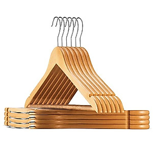 High-Grade Wooden Suit Hangers with Non Slip Pants Bar Smooth Finish Solid Wood Coat Hanger 360° Swivel Hook Precisely Cut Notches for Camisole, Jacket, Pant, Dress Clothes Hangers - 10 Pack, Natural