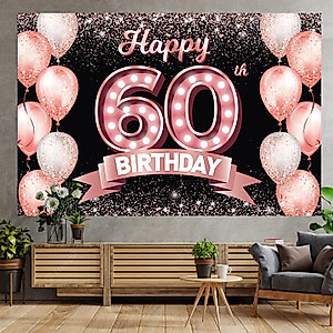 Happy 60th Birthday Rose Gold Banner Backdrop Cheers to 60 Years Old Confetti Balloons Theme Decor Decorations for Women 60 Years Old Pink Birthday Party Bday Supplies Background Favors Gift Glitter