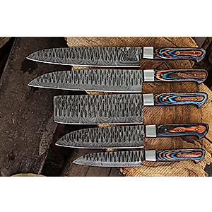 Custom Handmade Damascus Steel 5 pcs Professional Kitchen Chef Knife Set with 5 Pocket Case Chef Knife Roll Bag/Brown & Blue Dollar Sheath