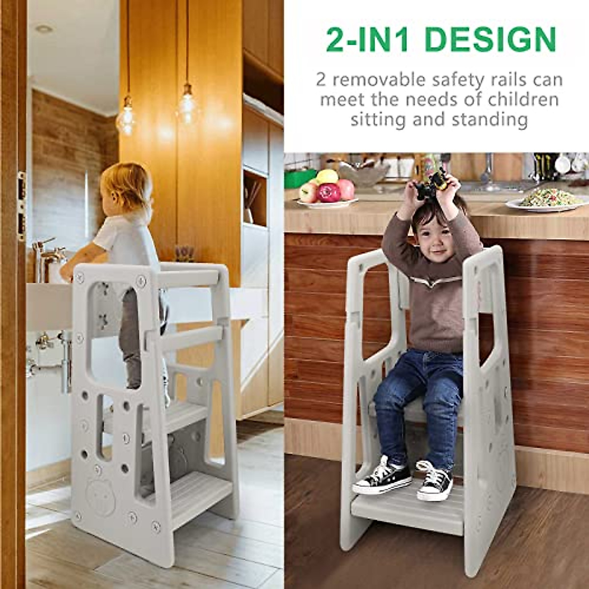 Nursery Kitchen Step Stool w/ 3 Adjustable Heights Toddler Standing Tower Kids Learning Stool w/Double Safety Rails & Non-Slip Foot Pads Cooking Stool Stand Helper Bathroom Counter Footstool (Grey)