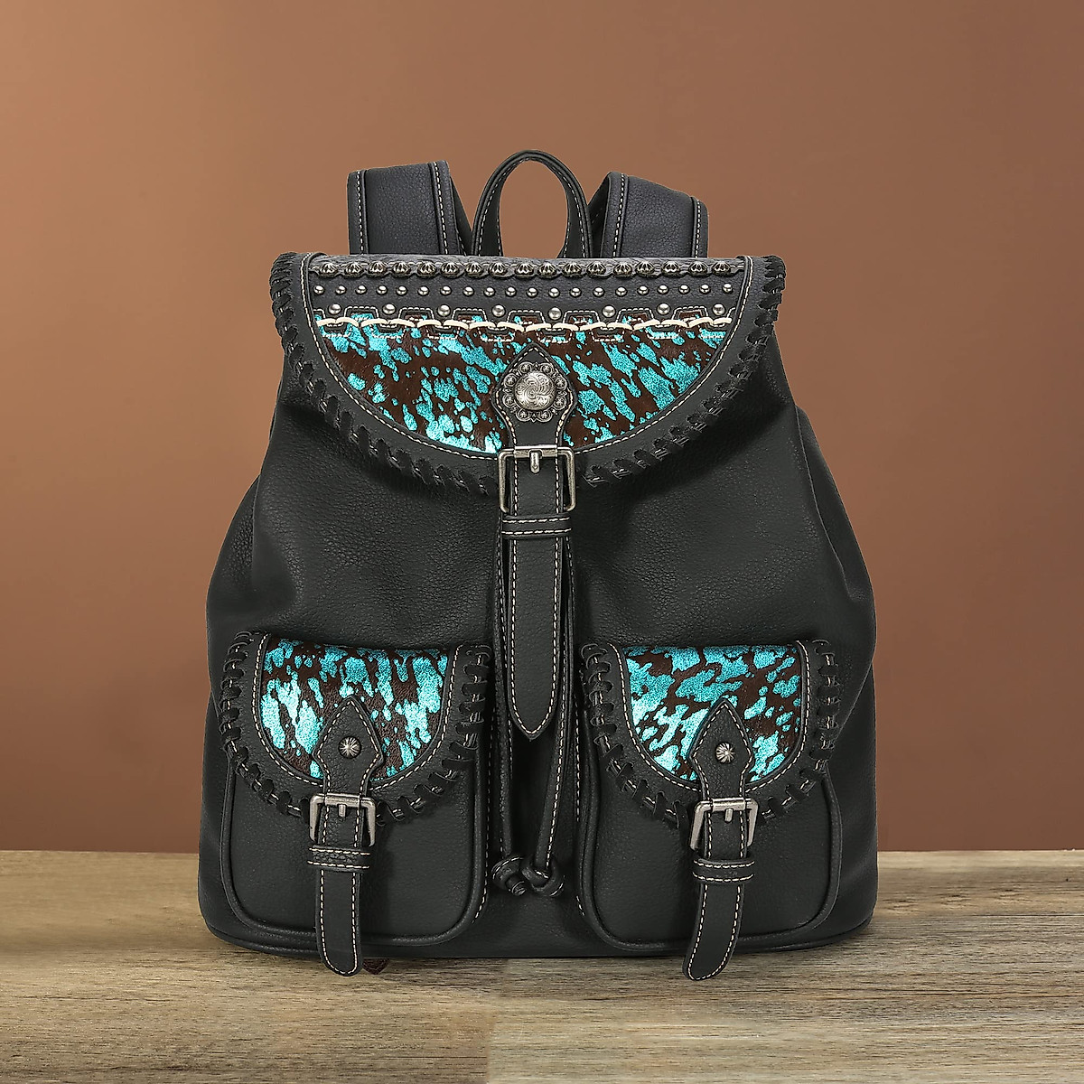 Montana West Hair On Cowhide Collection Backpack Western Style Dual Front Flap Pockets TR136-9110BK