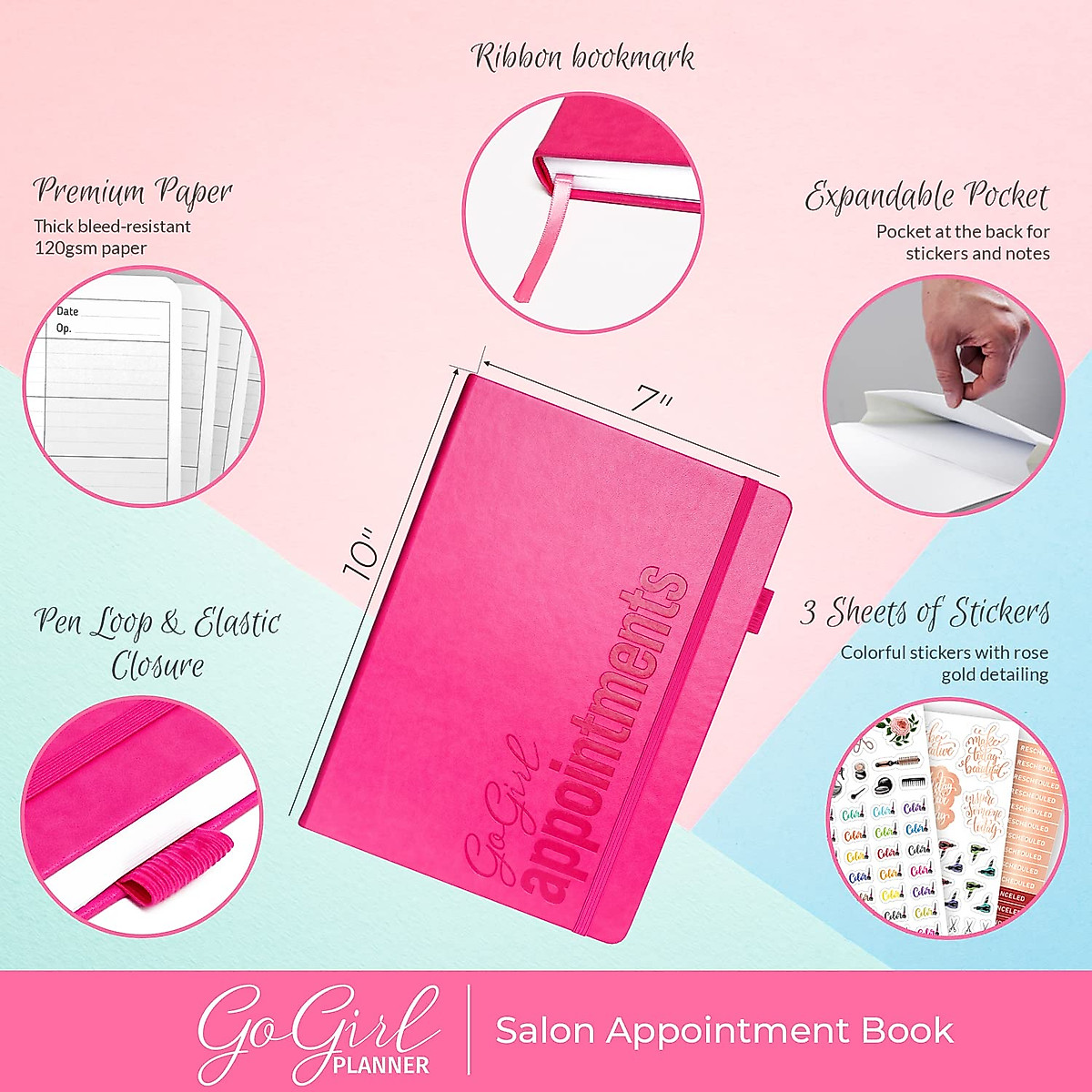 GoGirl Salon Appointment Book – Reservation Book for Beauty Salons, Spas, Hair Stylists, Estheticians – Appt Booking Planner, 7x10″ (Hot Pink)