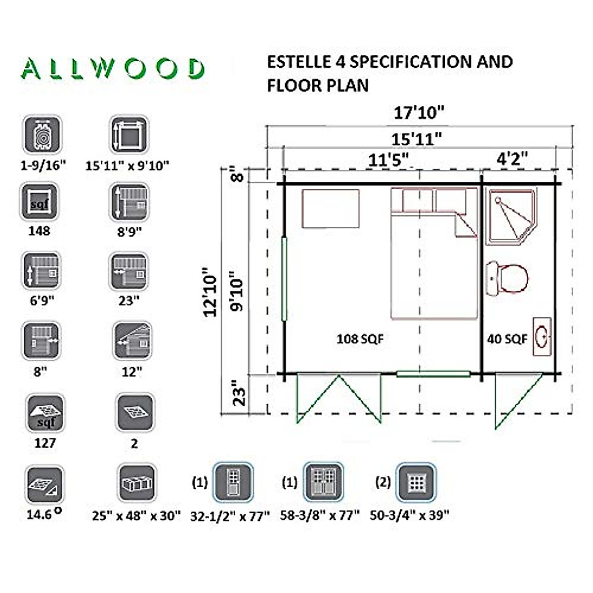 Allwood Estelle 4 | 148 SQF Cabin Kit, Garden House