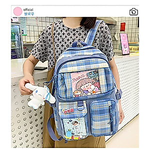 MOMEITU Kawaii Backpack with Cute pins and Pendants ins School Plaid Backpack Harajuku Student School Bag(Blue)