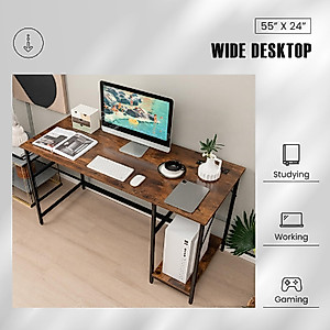 Tangkula 55 Inch Computer Desk with 4 Power Outlets & 2 USB Ports, Home Office Desk with Built in Charging Station with Switch, Computer Workstation Writing Study Desk with Storage Shelf & CPU Stand