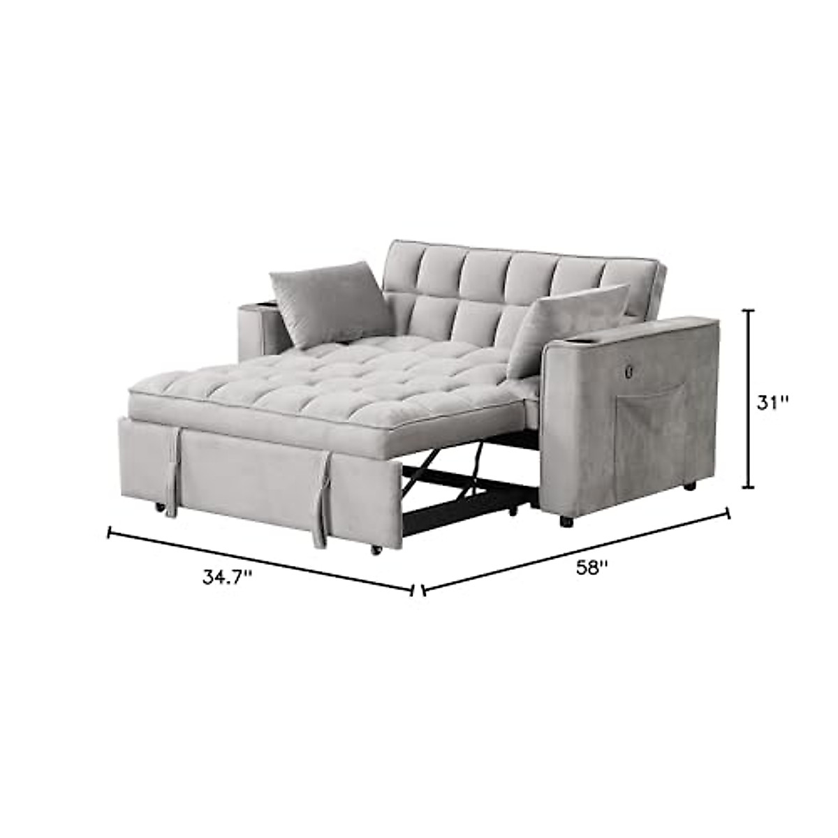 FULife 58" Convertible Sofa Couch with Pull-Out Sleeper,Adjustable Loveseat Armchair Single Bed Chair with Cup Holder,USB Port,Side Pocket&Pillows for Living Room/Apartment/Office/Studio/Small Place