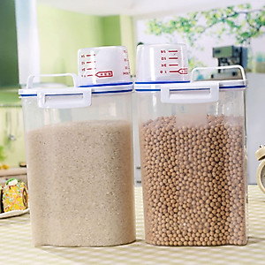 Rice Storage Container 2kg Dry Food Airtight Cereal Container with Measuring Cup Lid, BPA-Free Plastic Transparent Bulk Grain Dispenser Box for Oatmeal, Flour, Nuts
