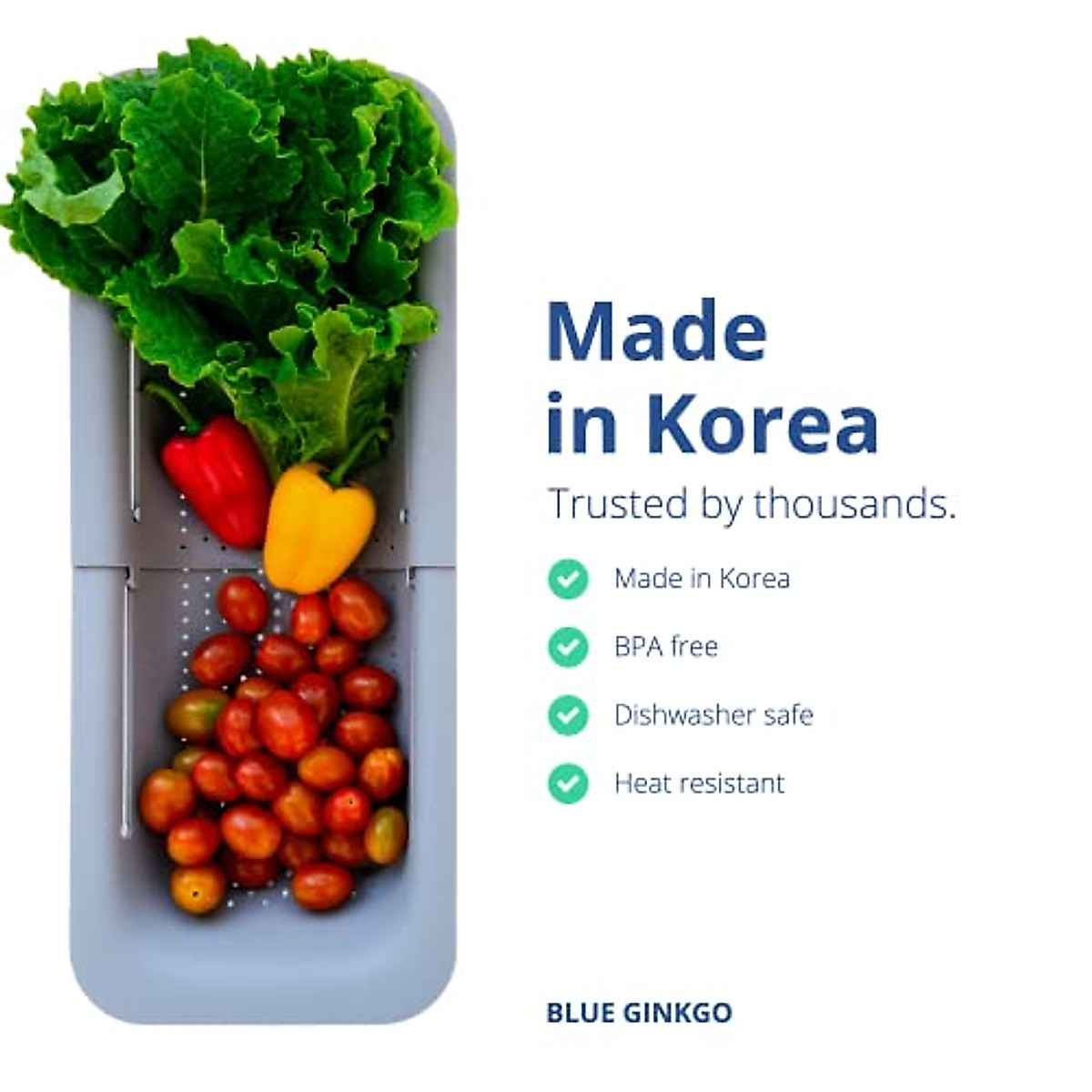 BLUE GINKGO Over the Sink Colander Strainer Basket - Wash Vegetables and Fruits, Drain Cooked Pasta and Dry Dishes - Extendable - New Home Kitchen Essentials (7.9 W x 14.5-19.5 L x 2.75 H) - Gray