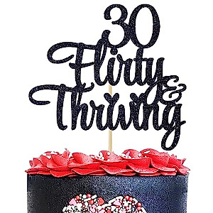 30 Flirty & Thriving Cake Topper, Cheers to 30 Years/Dirty 30, Happy 30th Birthday Anniversary Party Decorations Supplies, Black Glitter