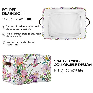 AUUXVA Hummingbirds Irises Flower Storage Bins Basket, Spring Summer Foral Collapsible Storage Cube Rectangle Storage Box with Handles for Shelf Closet Nursery Bedroom Home Office 2 Pack