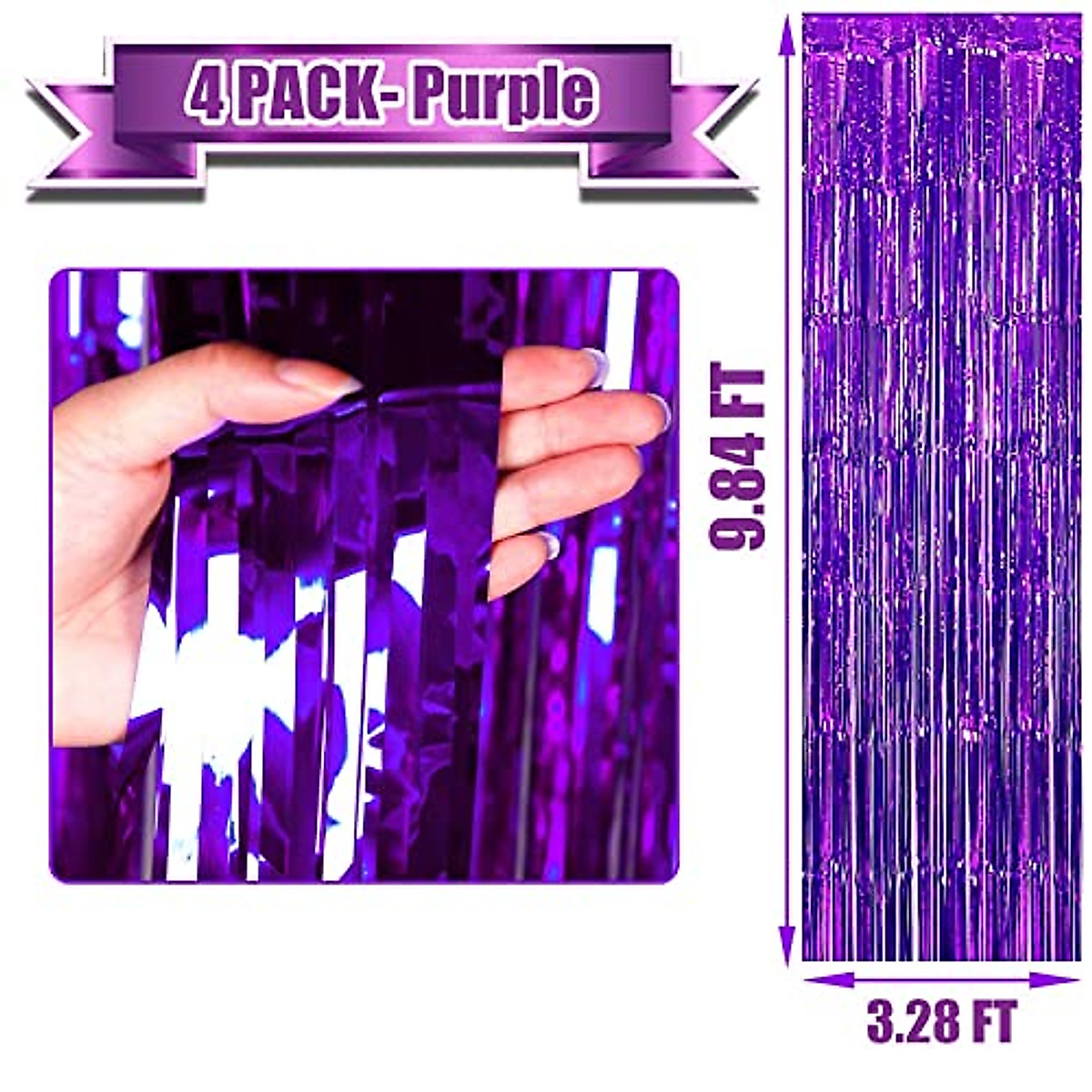 4 Pack Purple Foil Fringe Curtain Backdrop, 3.3Ft x 9.8Ft Metallic Tinsel Foil Fringe Streamers Curtains for Photo Booth, Wedding, Thanksgiving, Birthday, Christmas, Halloween Party Decoration