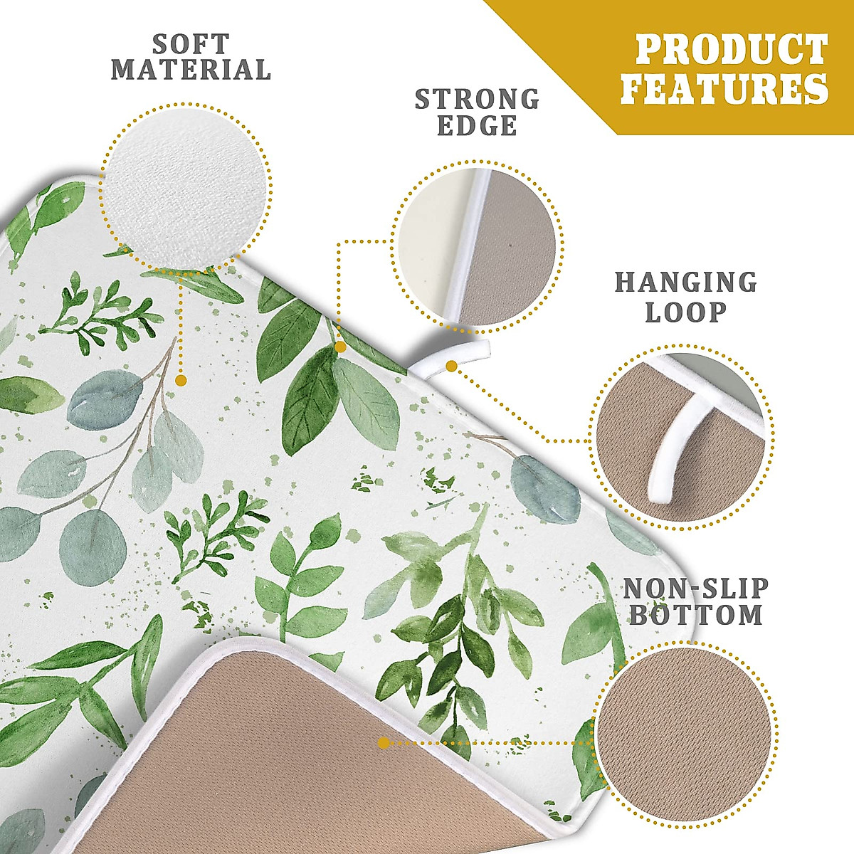 Giwawa Leaves Dish Drying Mat 16x18 inch Reversible Green Leaf Dish Draining Mats with Hanging Loop Absorbent Watercolor Plants Dish Drainer Mat Microfiber Leaves Drying Pad for Kitchen Counter Sink