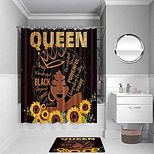 Mycurer African Bathroom Sets with Shower Curtain and Rugs,American Black Queen Inspiring Quotes Bathroom Sets with Accessories,Sunflower Black Girl Bathroom Curtains Shower Set,Large Size