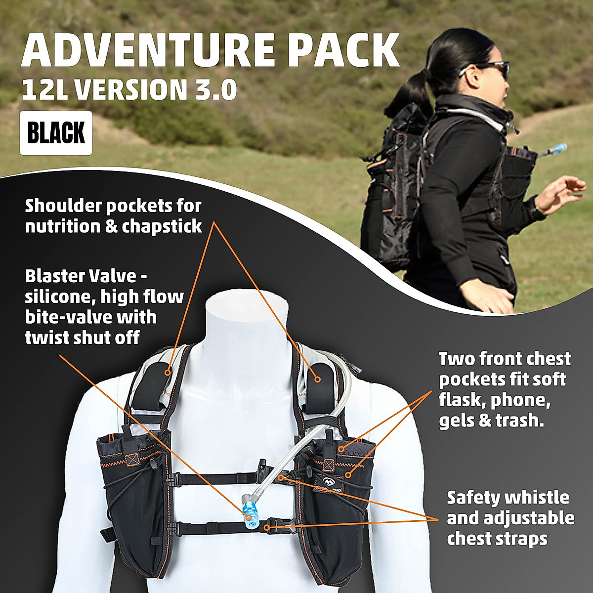 M Orange Mud Adventure Pack 12L, Black 3.0, with TPH