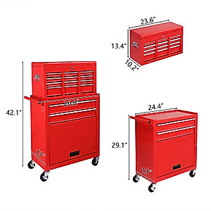 TUFFIOM 8-Drawer Rolling Tool Chest w/Lock & Key, Tool Storage Cabinet w/Wheels, Detachable Top, Drawers & Side Hooks, Mechanic Tool Organizer Box for Garage Warehouse Repair Shop, Red