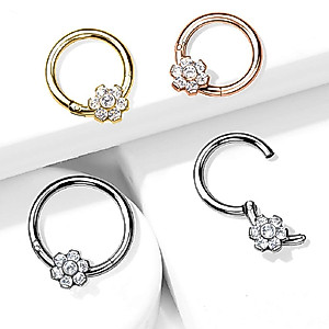 Pierced Owl 16-18GA G23 Implant Grade Titanium CZ Crystal Flower Cartilage Helix Daith Septum Nose Hinged Segment Ring (Silver Tone, 16GA / 8mm)