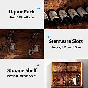 Auromie Wine Bar Cabinet with LED Lights, 4-Tier Coffee Bar Cabinets with Storage Shelves, Industrial Kitchen Storage Cabinet with Wine Rack, Freestanding Liquor Cabinet with Glass Holder, Rustic